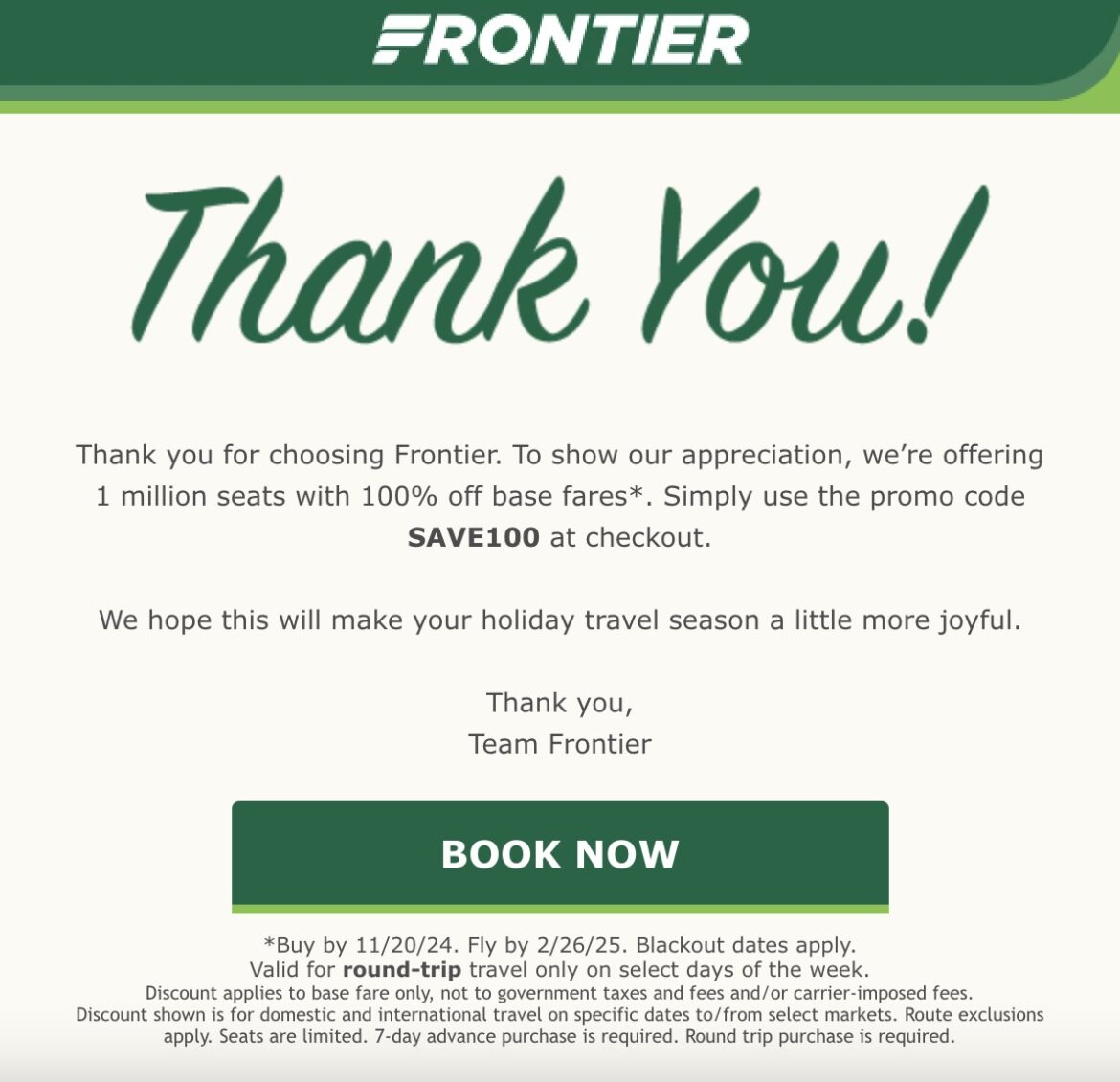 Frontier Airlines 100% Off (Base Fare) Sale - The Bulkhead Seat