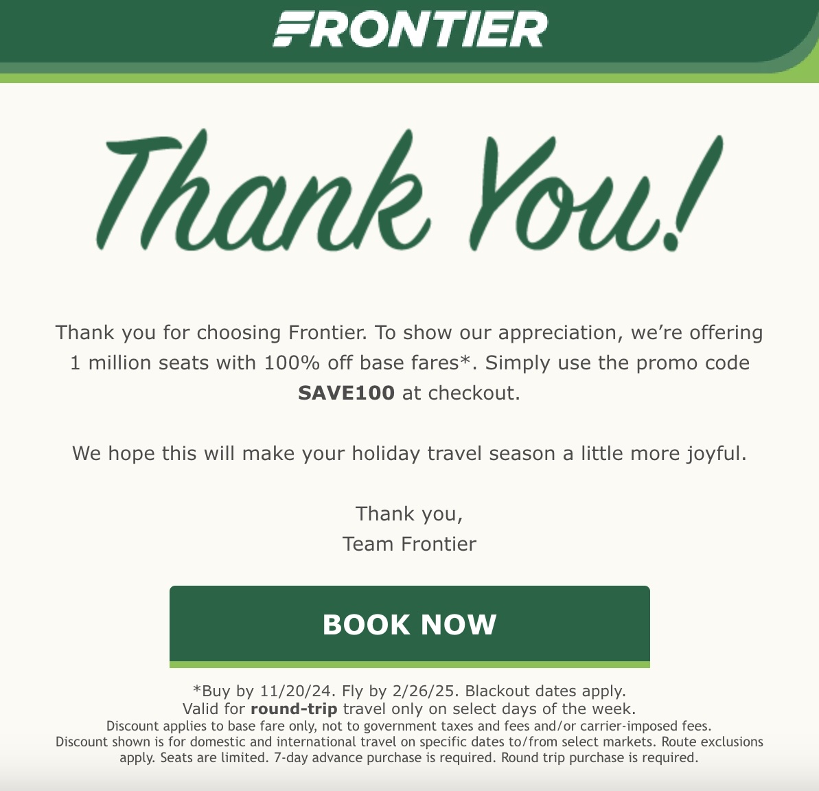Frontier Airlines 100% Off (Base Fare) Sale - The Bulkhead Seat