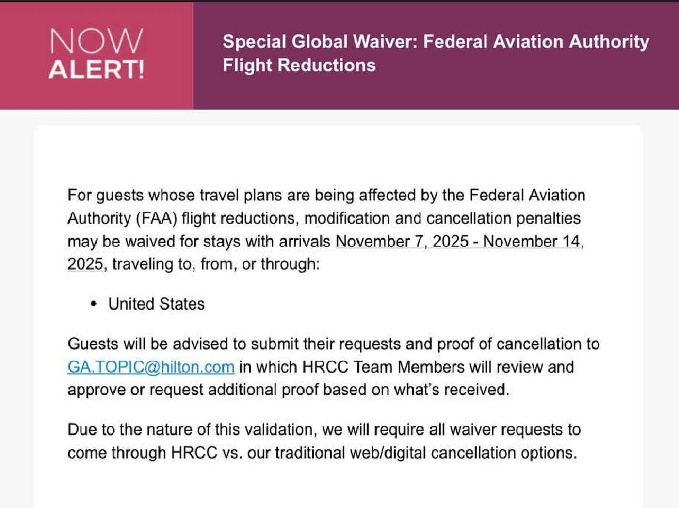 Nice: Hilton Offers Fee Waiver for Those With Cancelled Flights - The Bulkhead Seat